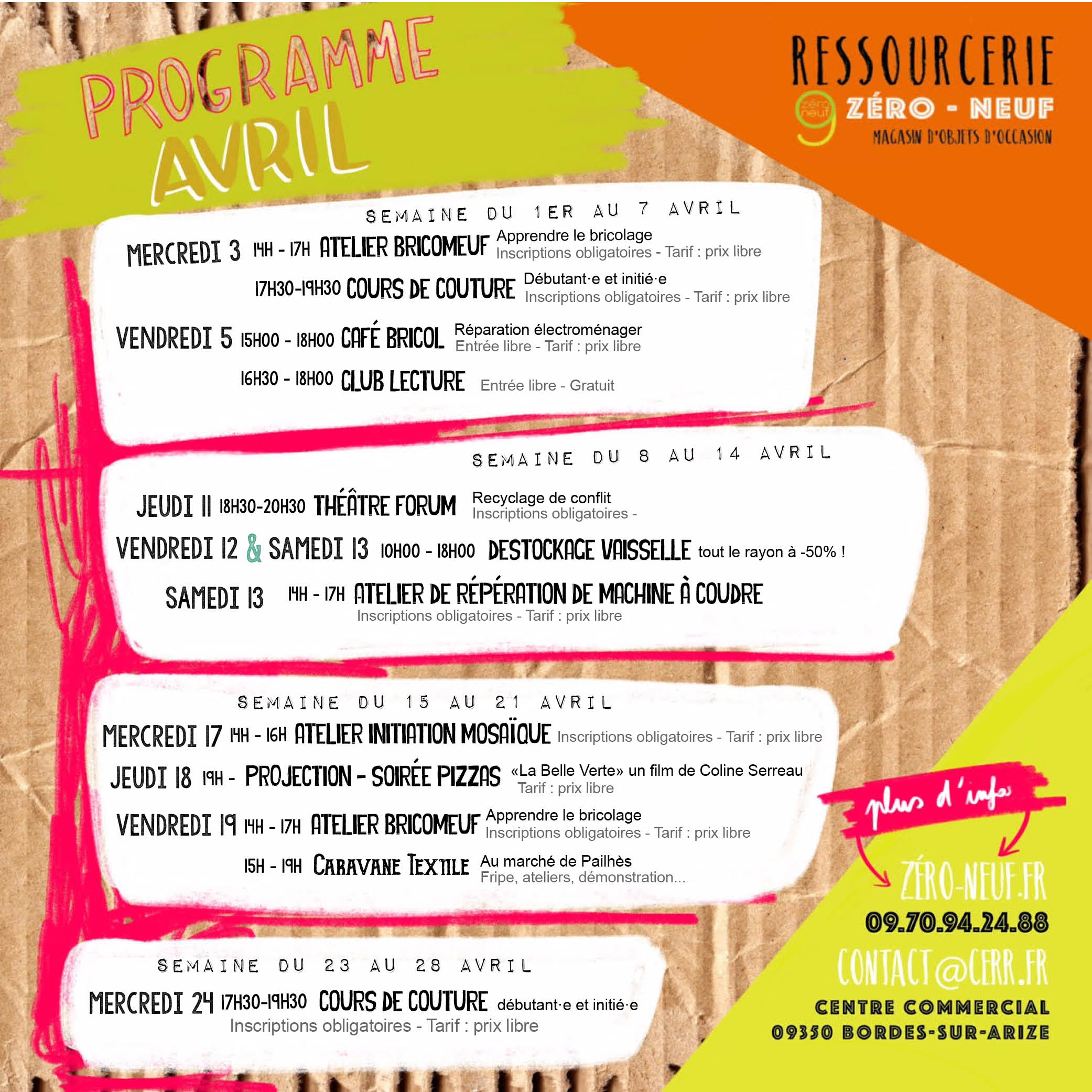 Programme du mois d'avril 2024 - ressourcerie zéro-neuf